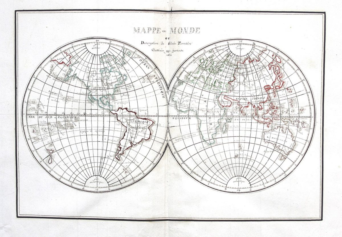 One world map and 4 maps of continents, handcolored and engraved by ...